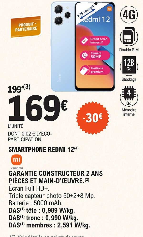 Promo Smartphone Redmi 12 chez E.Leclerc - iCatalogue.fr