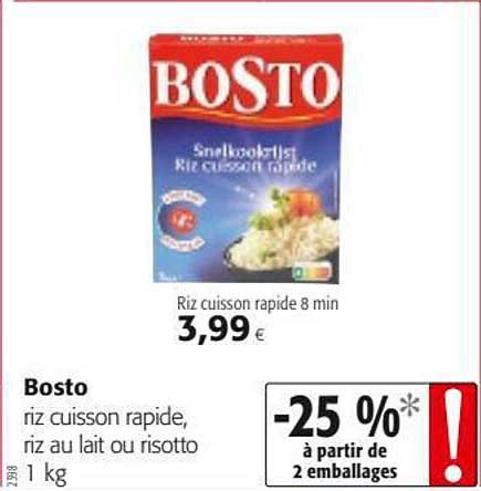 Promo Riz Cuisson Rapide, Riz Au Lait Ou Risotto Bosto chez Colruyt ...