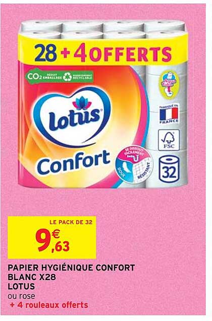 Promo Papier Hygiénique Confort Blanc X28 Lotus chez Intermarché ...