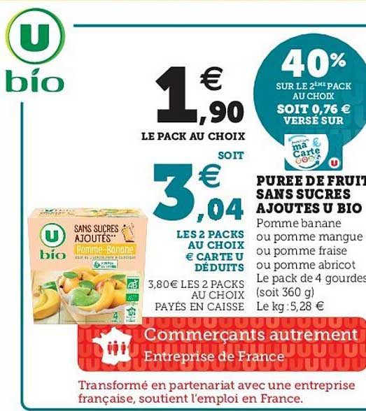 Promo Purée De Fruits Sans Sucres Ajoutés U Bio chez Super U ...
