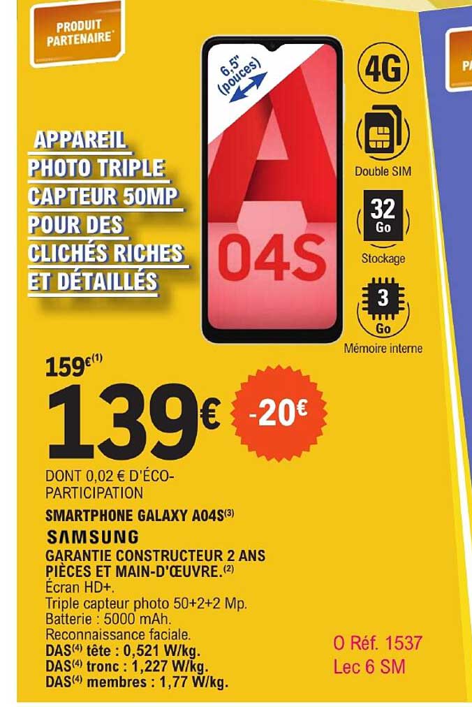 Promo Smartphone Samsung Galaxy A04s chez E.Leclerc - iCatalogue.fr