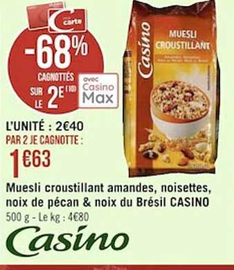 Promo Muesli Croustillant Amandes, Noisettes, Noix De Pécan & Noix Du ...