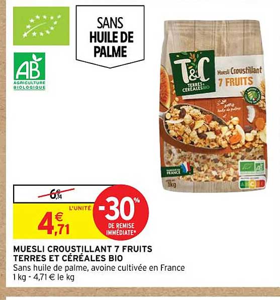 Promo Muesli Croustillant 7 Fruits Terres Et Céréales Bio chez ...