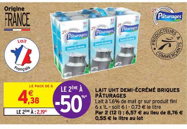 Promo Lait Uht Demi-écrémé Briques Pâturages chez Intermarché Contact ...