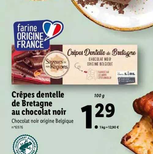 Promo Crêpes Dentelle De Bretagne Au Chocolat Noir Saveurs De Nos Régions chez Lidl - iCatalogue.fr