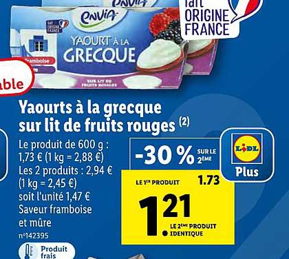 Promo Yaourts à La Grecque Sur Lit De Fruits Rouges Envia chez Lidl ...