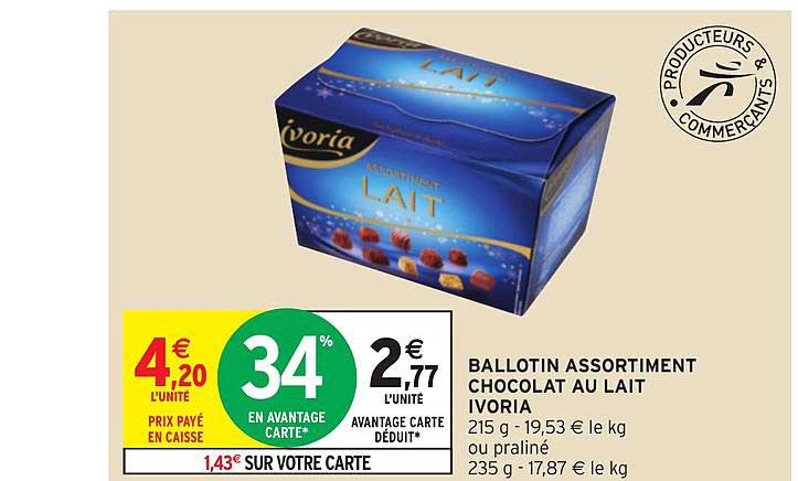 Promo Ballotin Assortiment Chocolat Au Lait Ivoria chez Intermarché ...