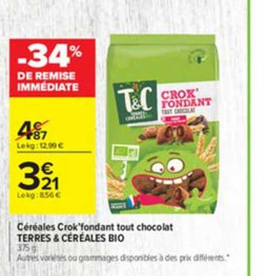 Promo Céréales Crok'fondant Tout Chocolat Terres&céréales Bio -34% De ...
