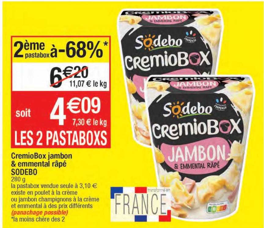 Promo Cremio Box Jambon & Emmental Râpé Sodebo chez Migros France ...