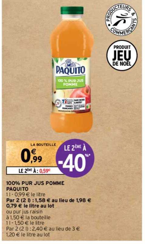 Promo 100% Pur Jus Pomme Paquito chez Intermarché Contact - iCatalogue.fr