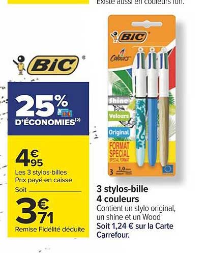 Promo 3 Stylos-bille 4 Couleurs Bic chez Carrefour - iCatalogue.fr