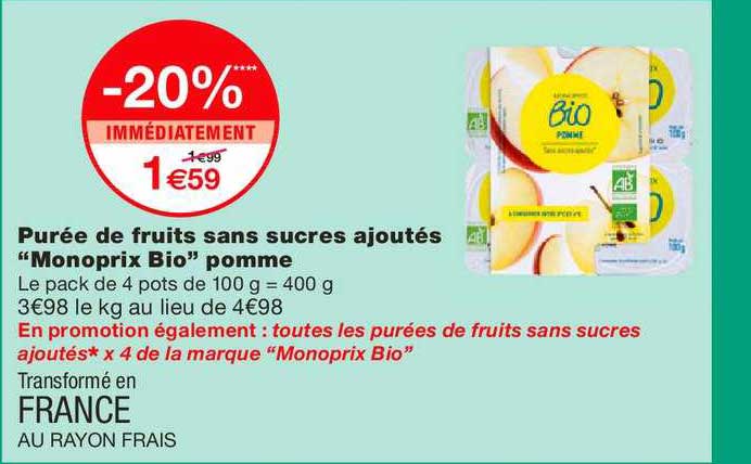 Promo Purée De Fruits Sans Sucres Ajoutés Monoprix Bio Pomme -20% ...