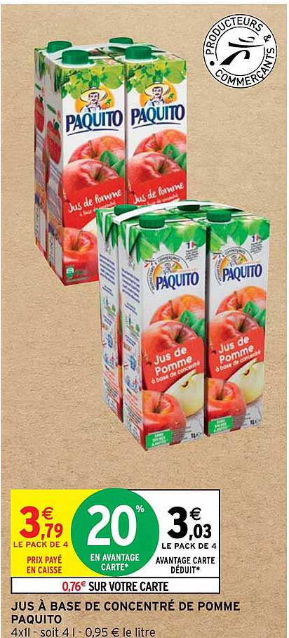 Promo Jus à Base De Concentré De Pomme Paquito chez Intermarché Hyper ...