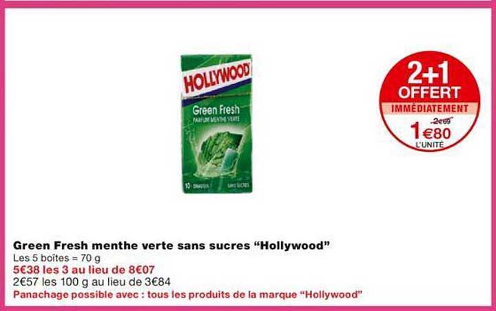 Promo Green Fresh Menthe Verte Sans Sucres "hollywood" 2+1 Offert chez ...