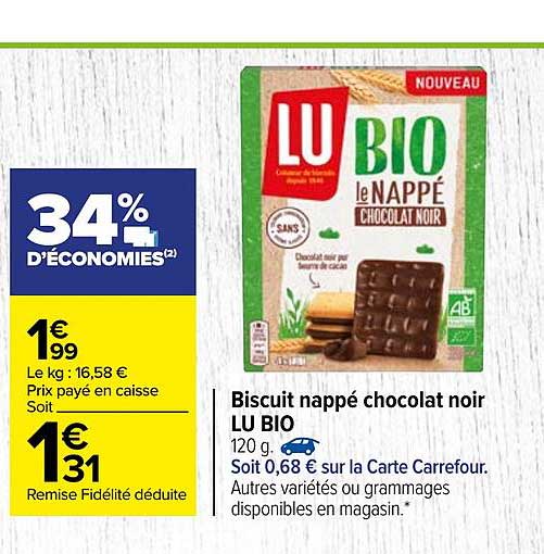 Promo Biscuit Nappé Chocolat Noir Lu Bio chez Carrefour - iCatalogue.fr