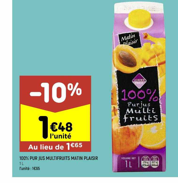 Promo 100% Pur Jus Multifruits Matin Plaisir chez Leader Price ...