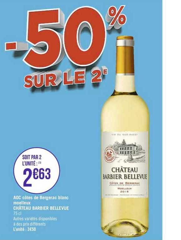 Promo Aoc Côtes De Bergerac Blanc Moelleux Château Barbier Bellevue -50 ...