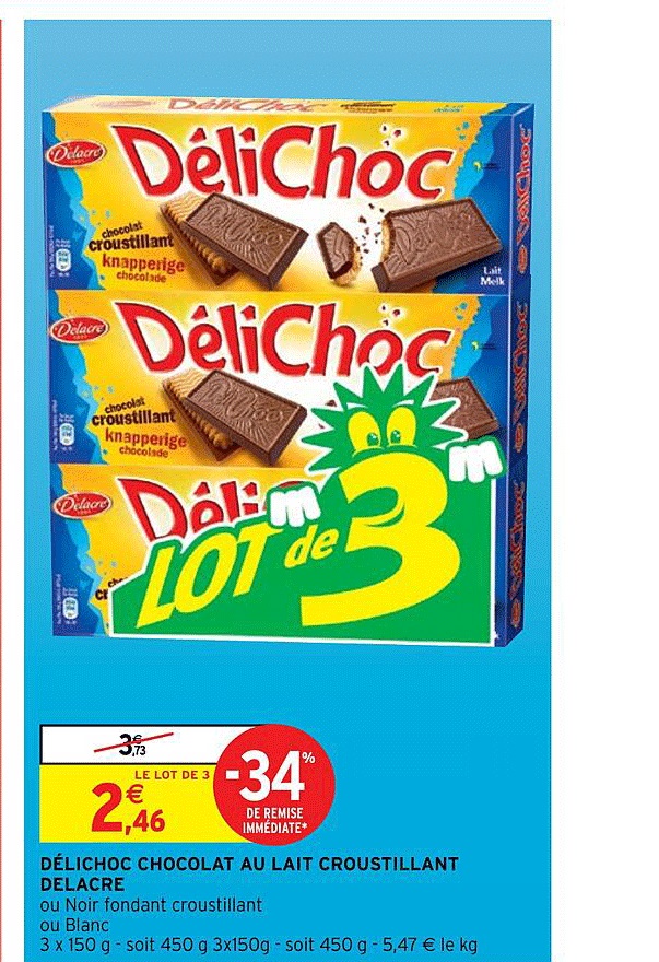 Promo Délichoc Chocolat Au Lait Croustillant Delacre chez Intermarché ...