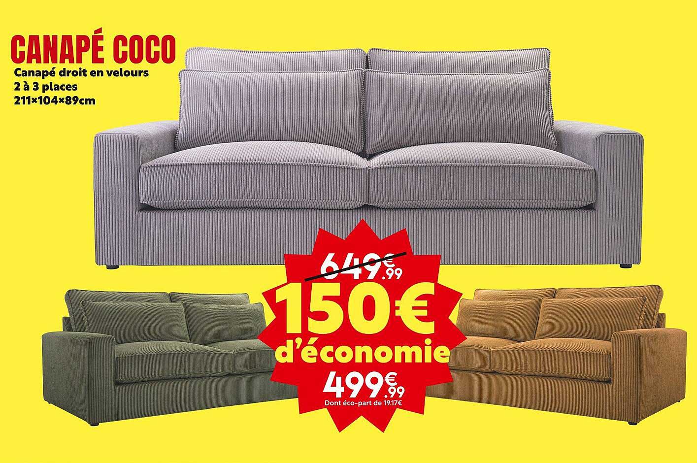 Promo Canapé Droit En Velours 2 à 3 Places 211 X 104 X 89 Cm chez Maxi ...
