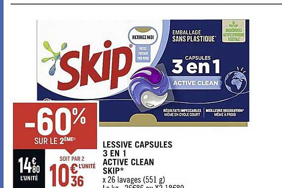 Promo Lessive Capsules 3 En 1 Active Clean Skip chez Spar - iCatalogue.fr