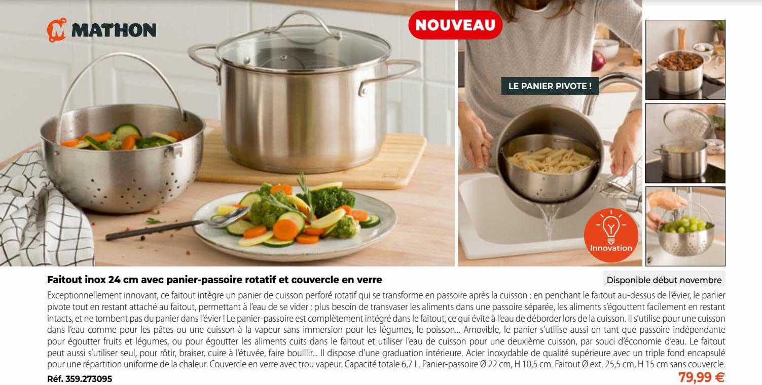 Promo Faitout En Inox 24 Cm Avec Panier-passoire Rotatif Et Couvercle En Verre chez Mathon ...