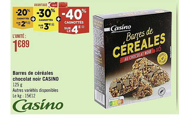Promo Barres De Céréales Chocolat Noir Casino chez Casino Supermarchés ...