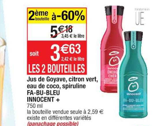 Promo Jus De Goyave, Citron Vert, Eau De Coco, Spiruline Fa-bu-bleu Innocent + chez Cora ...