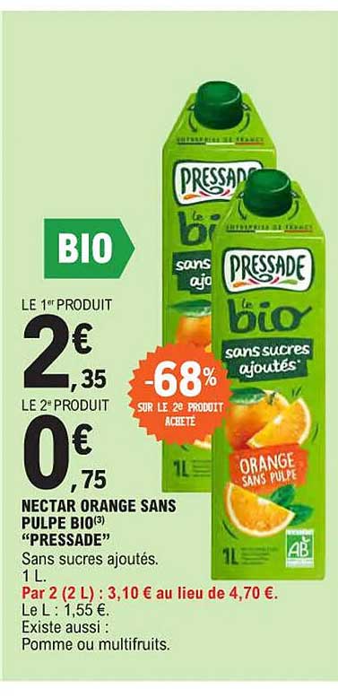 Promo Nectar Orange Sans Pulpe Bio "pressede" chez E.Leclerc ...