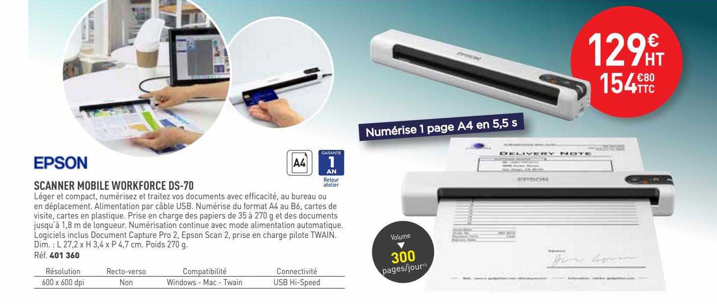 Promo Scanner Mobile Workforce Ds-70 Epson chez Hyperburo - iCatalogue.fr