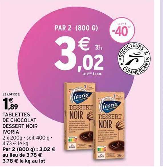 Promo Tablettes De Chocolat Dessert Noir Ivoria chez Intermarché ...