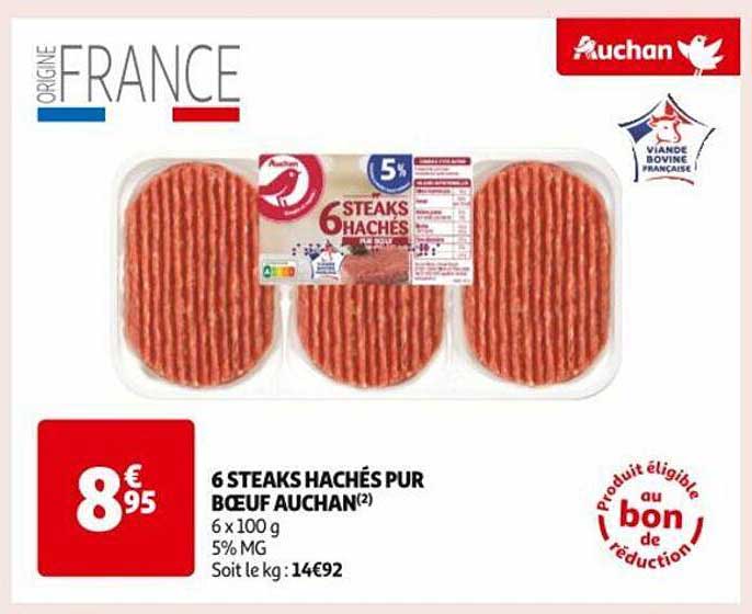 Promo 6 Steaks Hachés Pur Bœuf Auchan chez Auchan - iCatalogue.fr