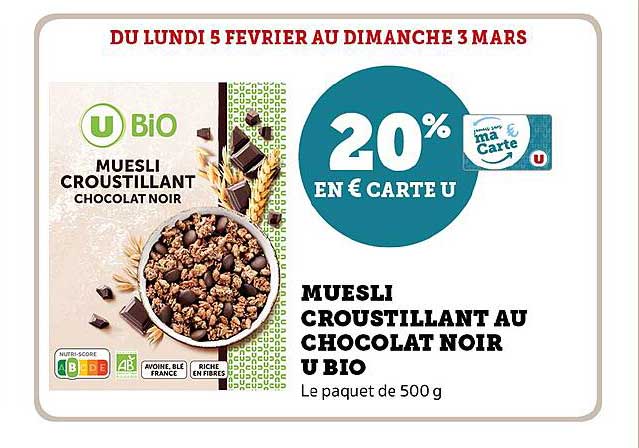 Promo Muesli Croustillant Au Chocolat Noir U Bio chez Hyper U ...