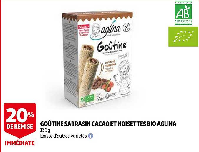 Promo Goûtine Sarrasin Cacao Et Noisettes Bio Aglina chez Auchan ...