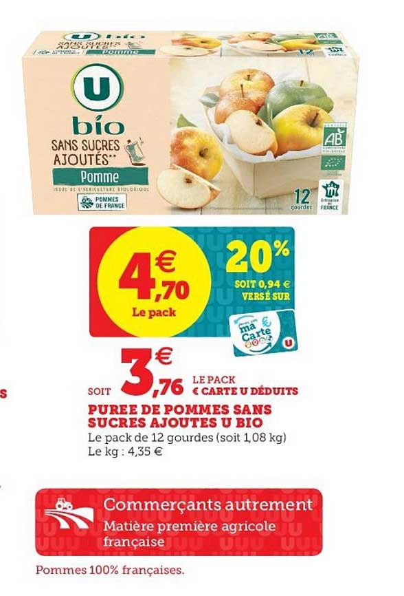 Promo Purée De Pommes Sans Sucres Ajoutés U Bio chez Hyper U ...