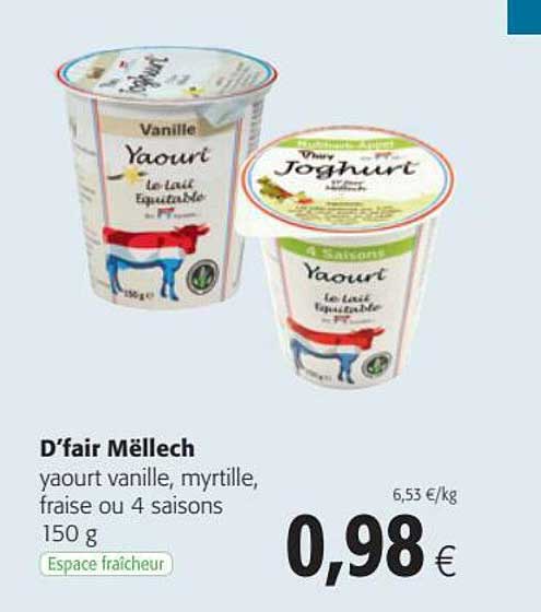 Promo Yaourt Vanille, Myrtille, Fraise Ou 4 Saisons D'fair Mëllech chez ...