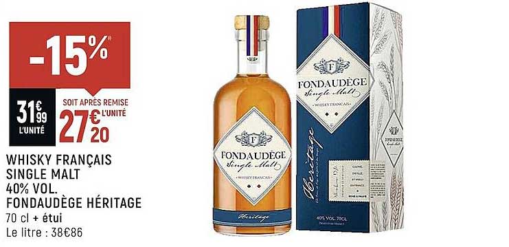 Promo Whisky Français Single Malt 40% Vol. Fondaudège Héritage chez ...