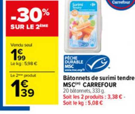 Promo Bâtonnets De Surimi Tendre Msc Carrefour chez Carrefour ...