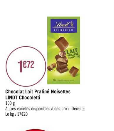 Promo Chocolat Lait Praliné Noisettes Lindt Chocoletti chez Géant ...