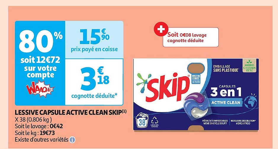 Promo Lessive Capsule Active Clean Skip chez Auchan - iCatalogue.fr