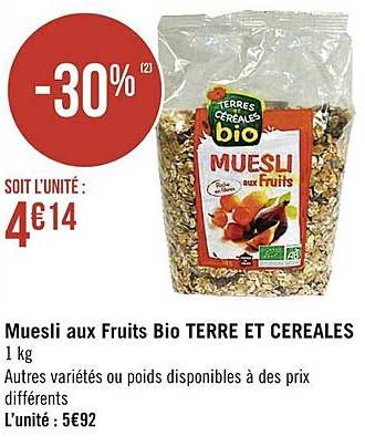 Promo Muesli Aux Fruits Bio Terre Et Céréales chez Casino Supermarchés ...