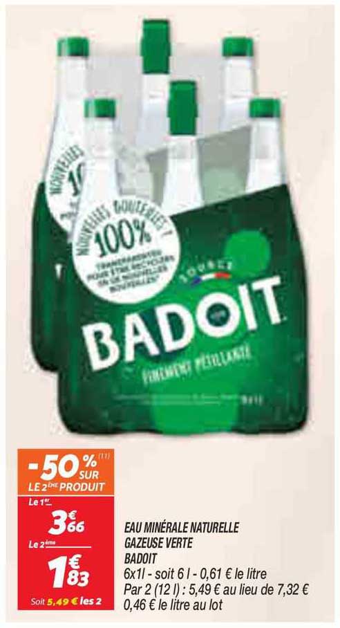 Promo Eau Minérale Naturelle Gazeuse Verte Badoit chez Netto ...