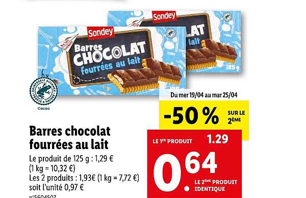 Promo Barres Chocolat Fourrées Au Lait Sondey chez Lidl - iCatalogue.fr