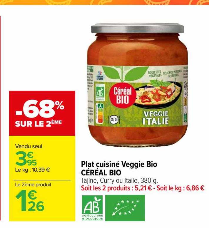 Offre Plat Cuisiné Veggie Bio Céréale Bio chez Carrefour