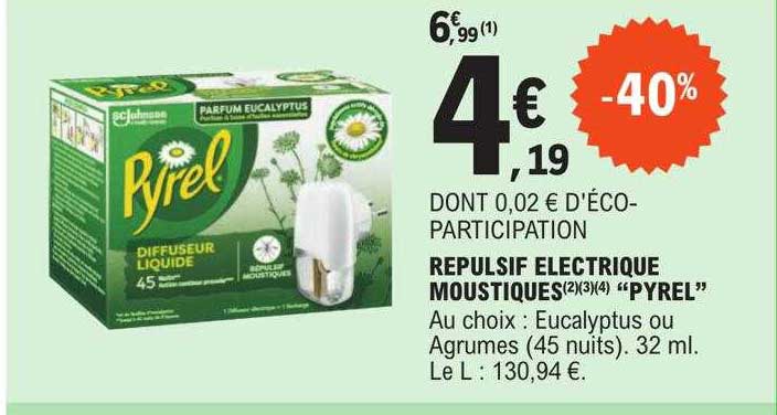 Promo Répulsif électrique Moustiques "pyrel" chez E.Leclerc - iCatalogue.fr