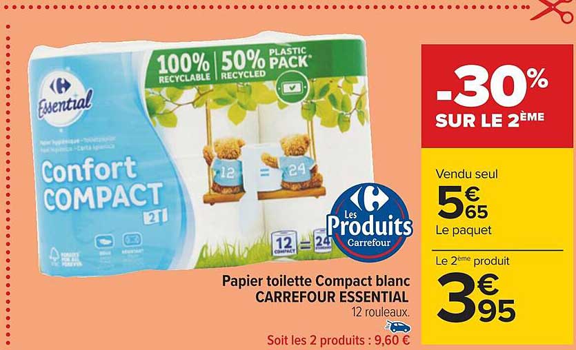 Promo Papier Toilette Compact Blanc Carrefour Essential chez Carrefour - iCatalogue.fr