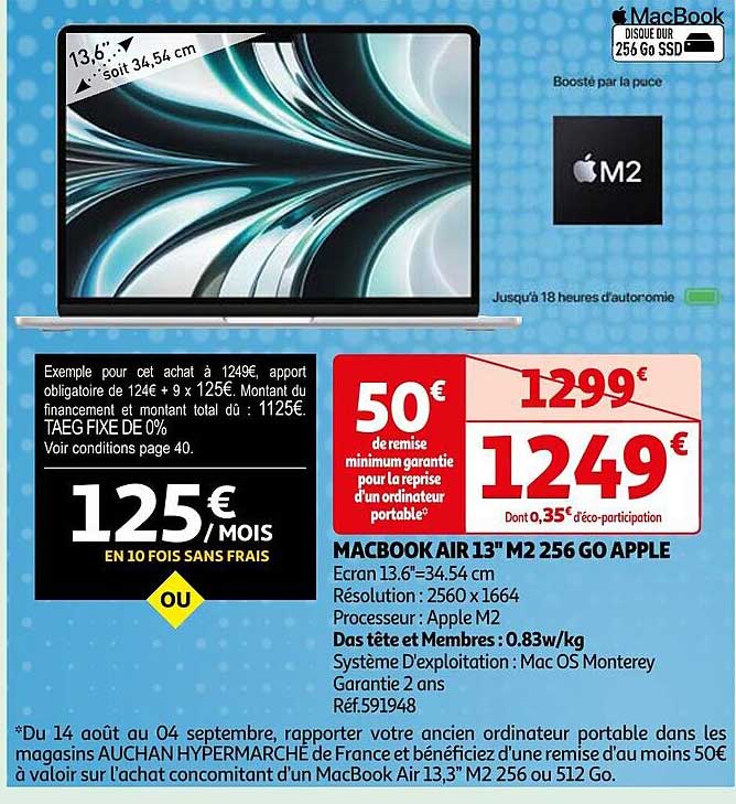 Promo MacBook Air 13" M2 256 Go Apple chez Auchan - iCatalogue.fr