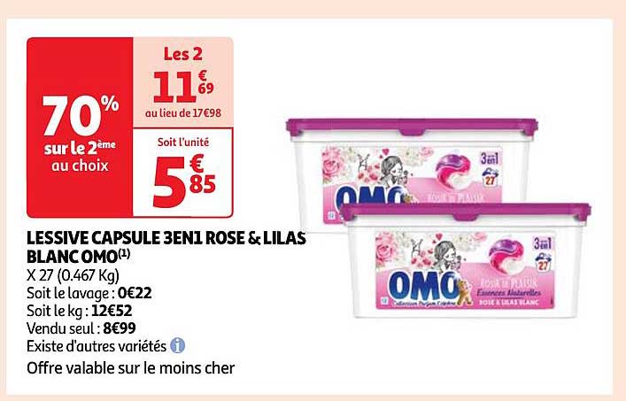 Promo Lessives Caps Rose Et Lilas Blanc X 27 Omo chez Intermarché ...
