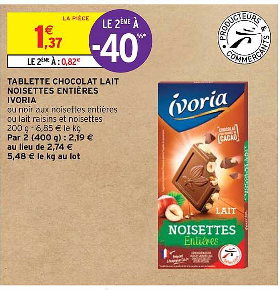 Promo Tablette Chocolat Lait Noisettes Entières Ivoria chez Intermarché ...