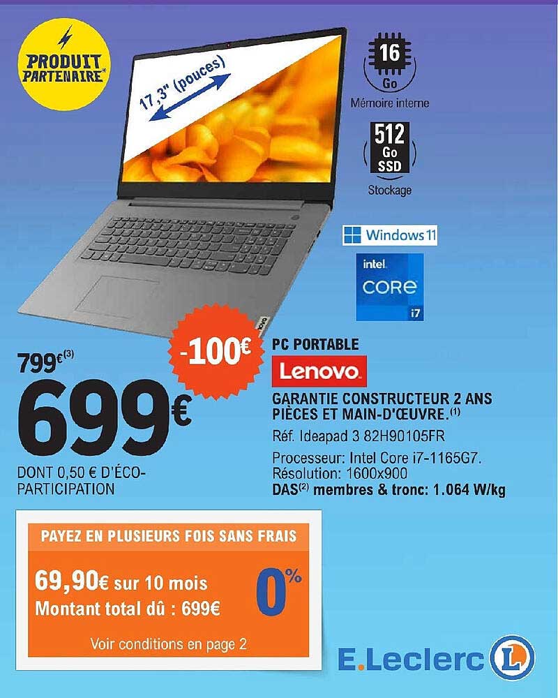 Promo Pc Portable 17,5" Lenovo chez E.Leclerc - iCatalogue.fr