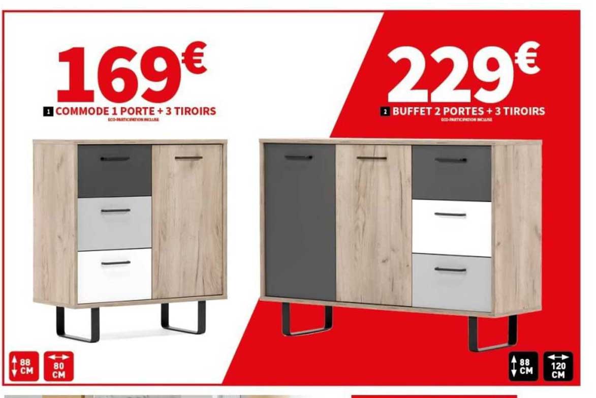 Promo Commode 1 Porte + 3 Tiroirs, Buffet 2 Portes + 3 Tiroirs chez ...